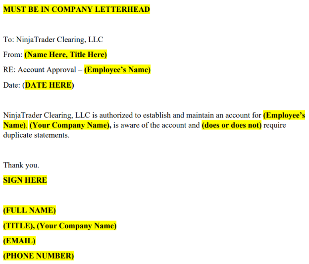 Employee Authorization Letter - Applying for a Live Account