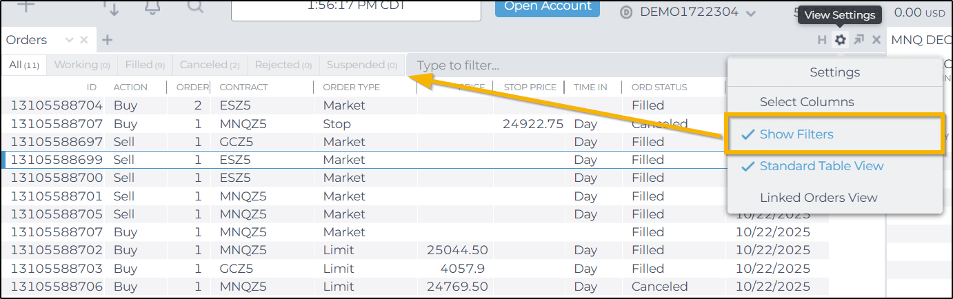 Orders Module - NinjaTrader Web