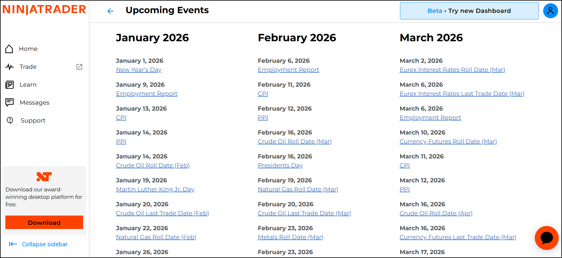Upcoming Events Calendar - Tradovate